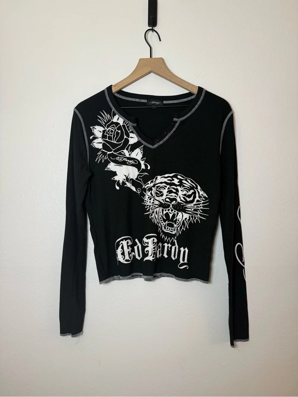 Ed Hardy | Tops | Ed Hardy Tiger Rose Black Long Sleeve Thermal Notched ...